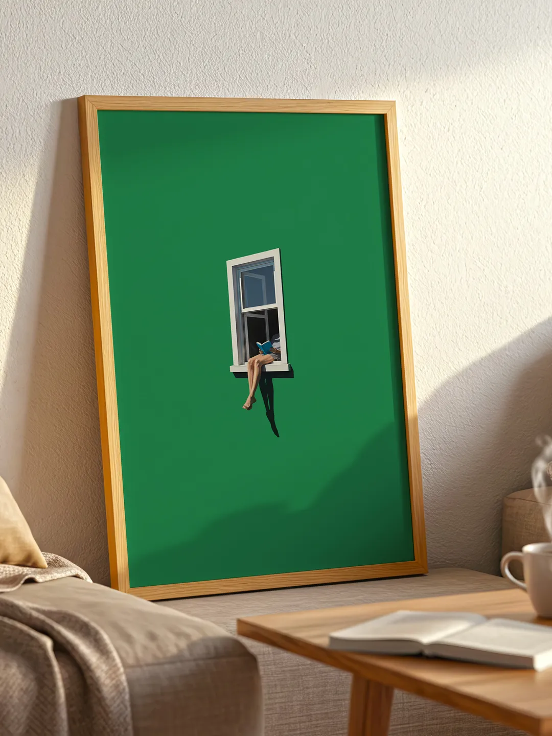 Minimalist Window Art Print Green, Modern Wall Art Woman Reading Poster ...