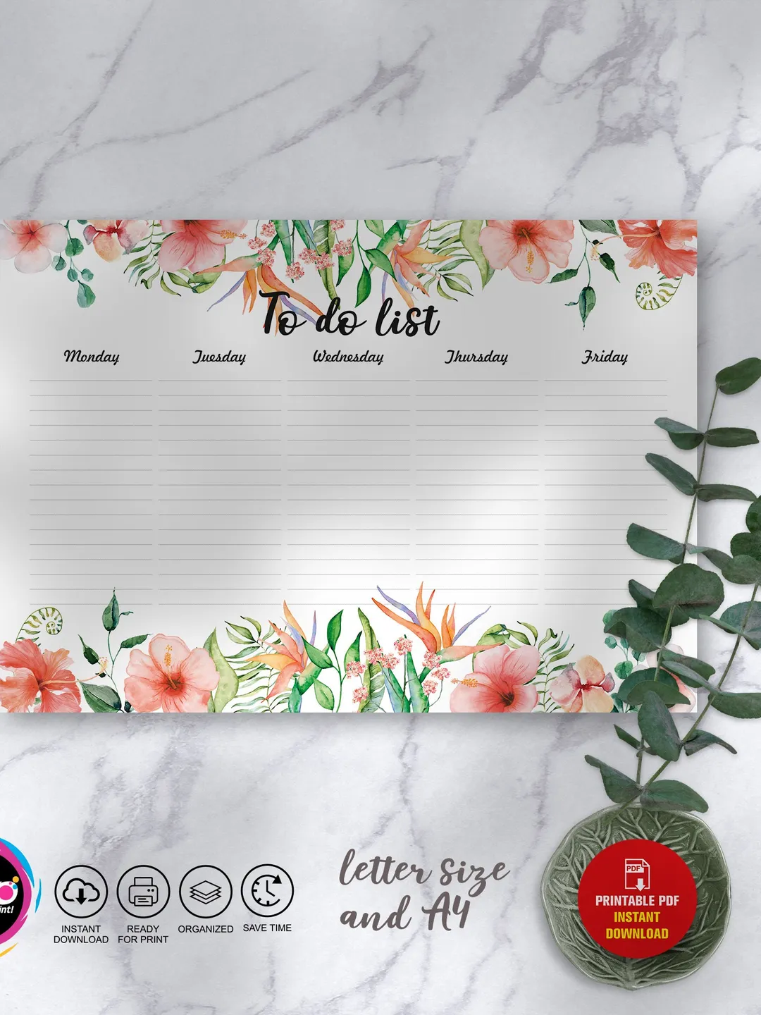Floral To Do List Printable, Letter & A4 Size (Digital Download)