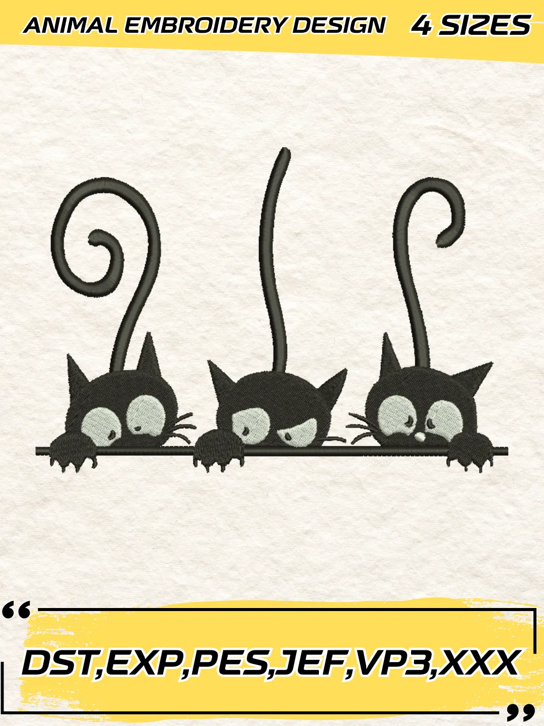 3 Black Cartoon Cute Cats Embroidery Design,Animal Embroidery Design ...