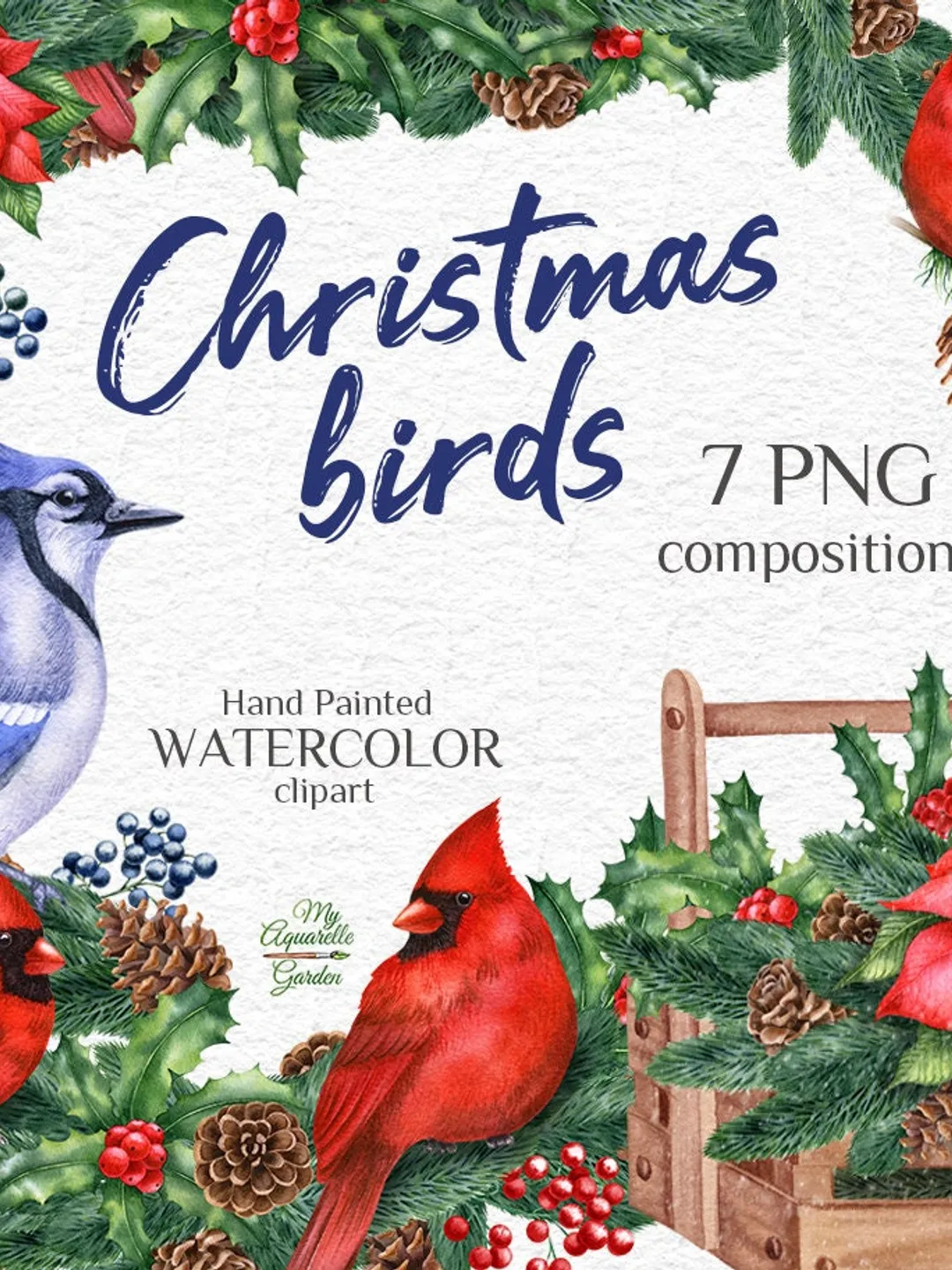 Christmas birds Blue jay red cardinal robin Xmas pine garlands ...