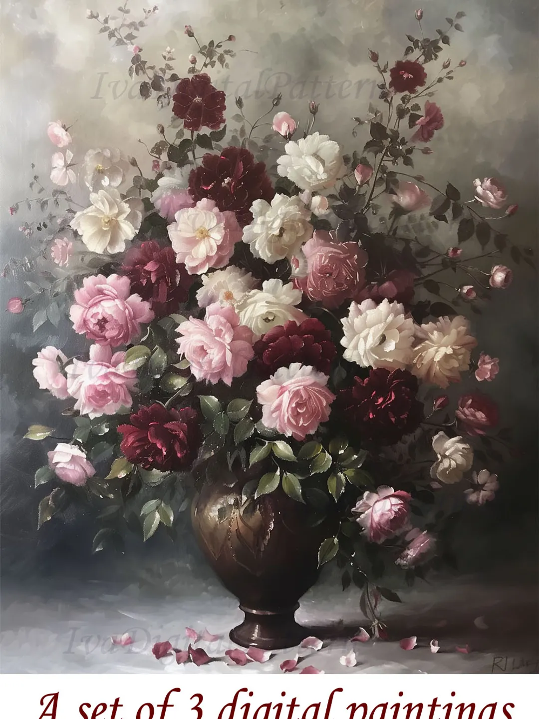 Set of 3 Digital Art Print Vintage Renaissance paintings of roses ...