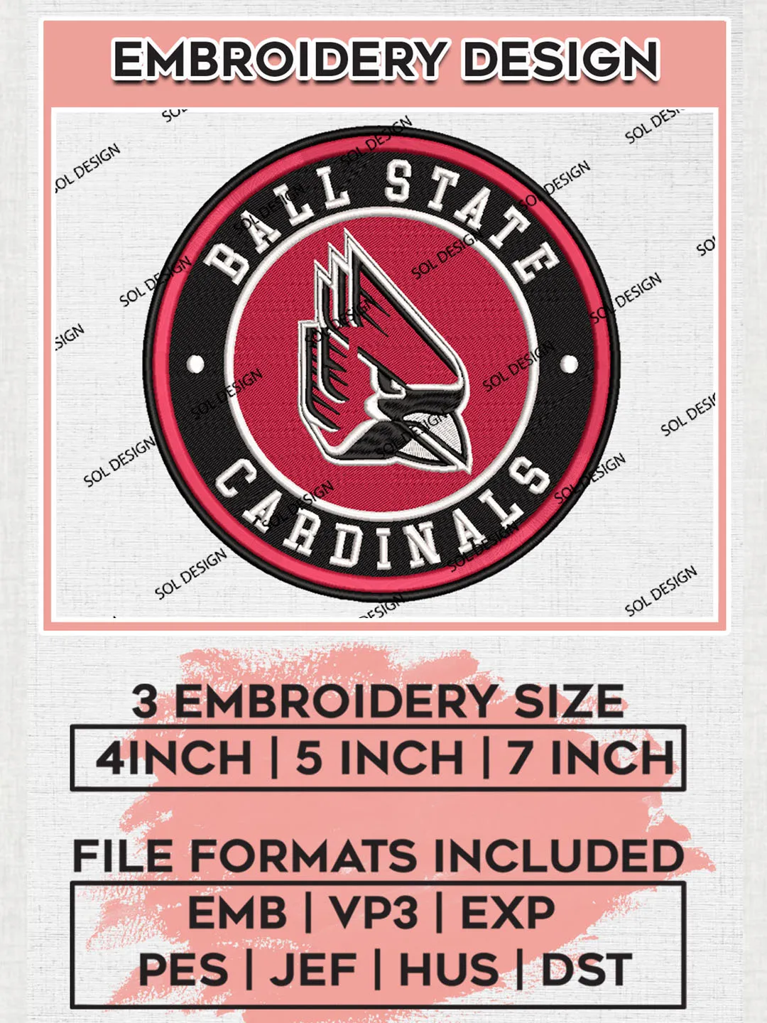 NCAA Ball State Cardinals Round Logo Embroidery, NCAA Ball State Team ...