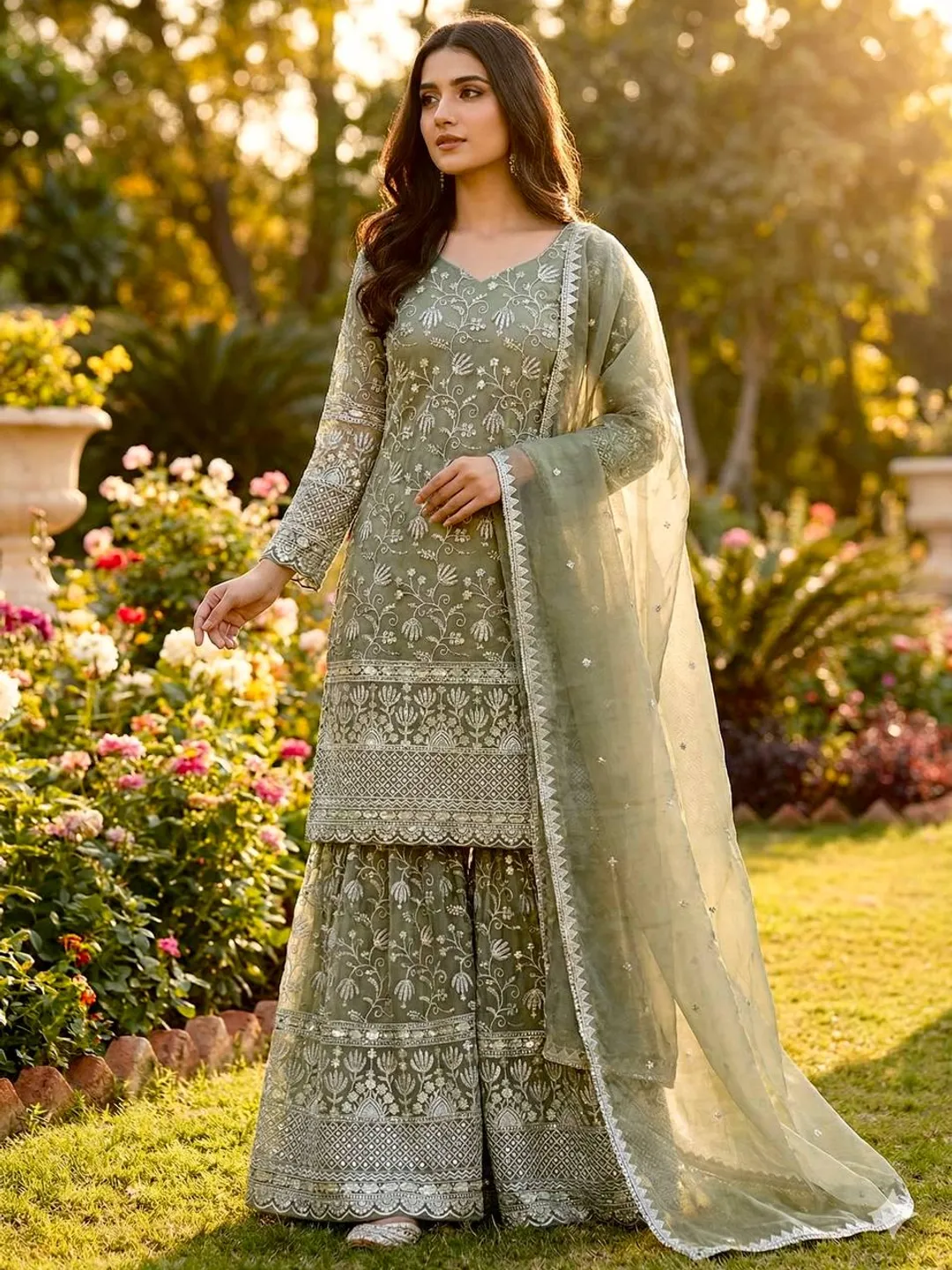 Sage Green Sharara Suit for Women Embroidered Kurta Palazzo Set with ...
