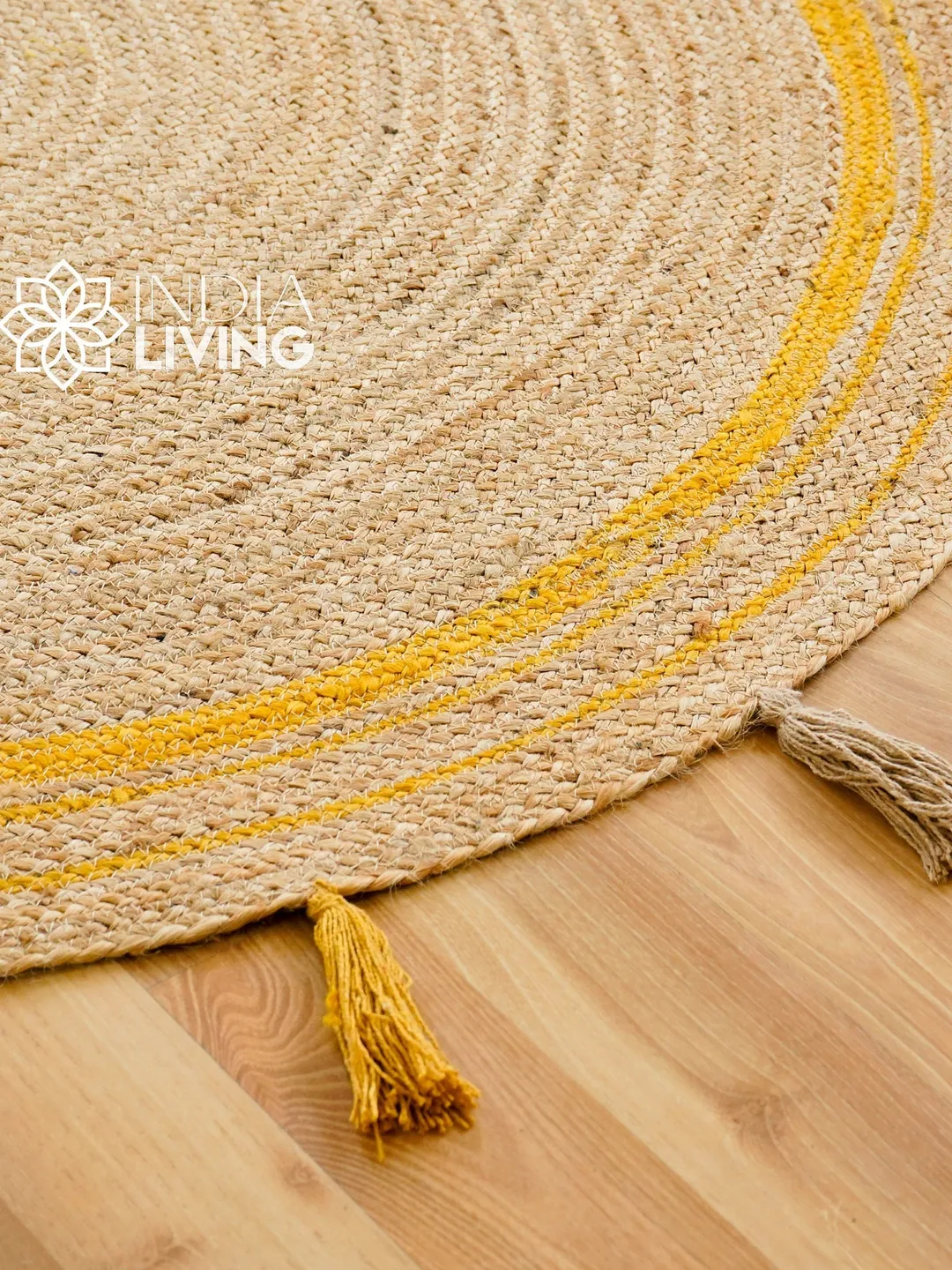 Orange Braided Natural Jute Mat with tassels - Sustainable Round Rug ...
