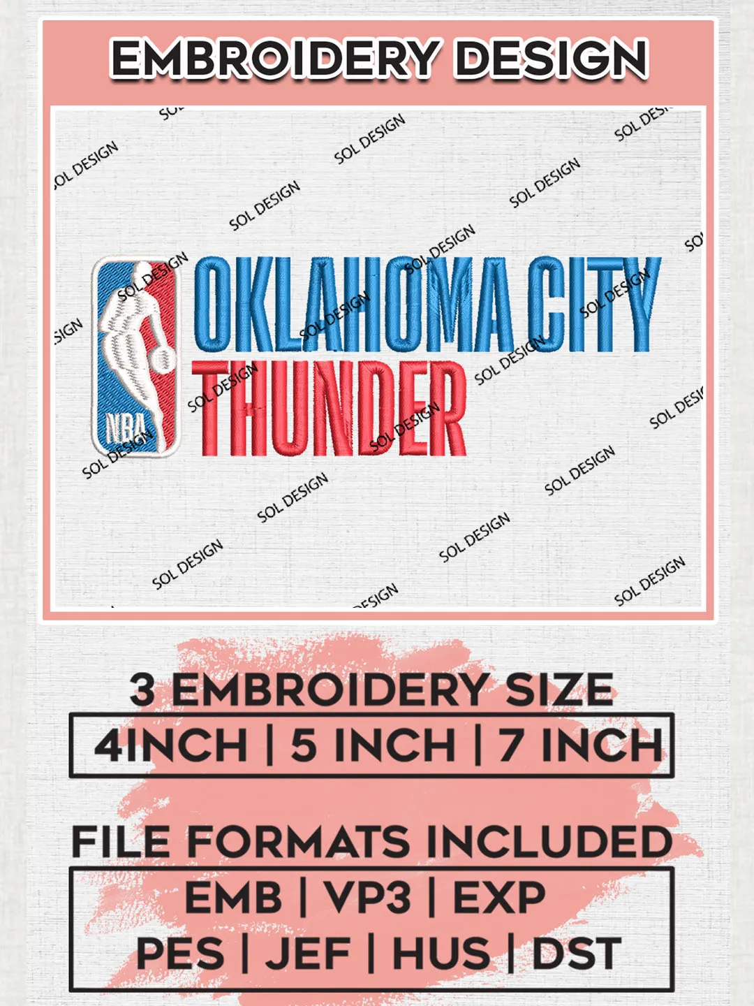 NBA Oklahoma City Thunder Embroidery Files, NBA teams, NBA Thunder ...
