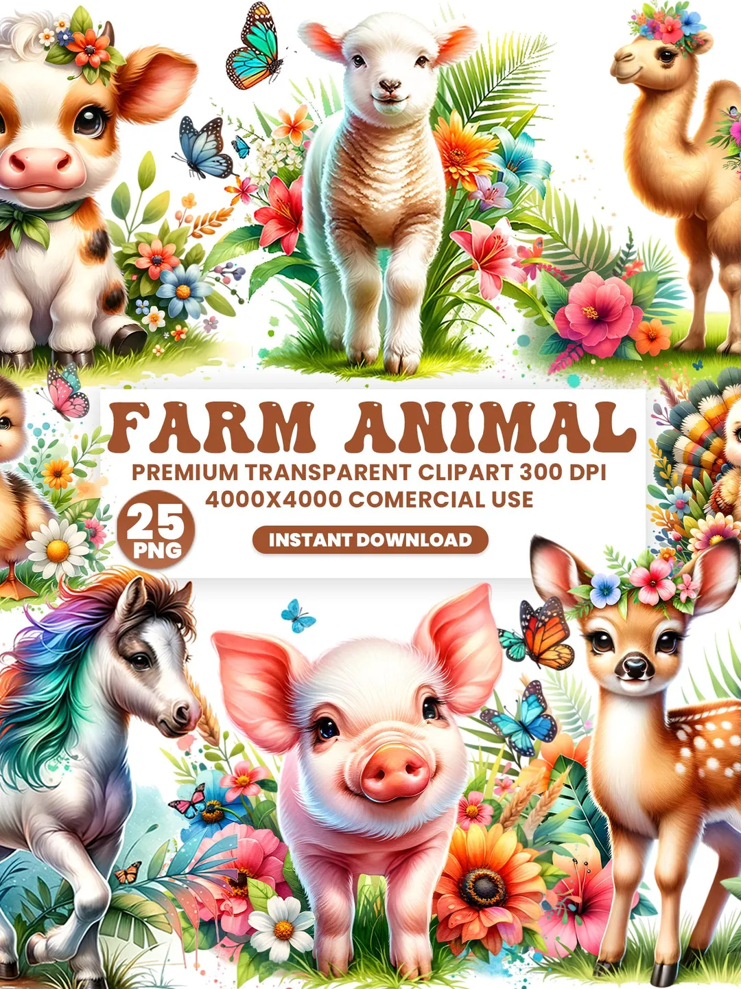 Watercolor Farm Animals Clipart: Baby Animal PNG Bundle (Digital ...