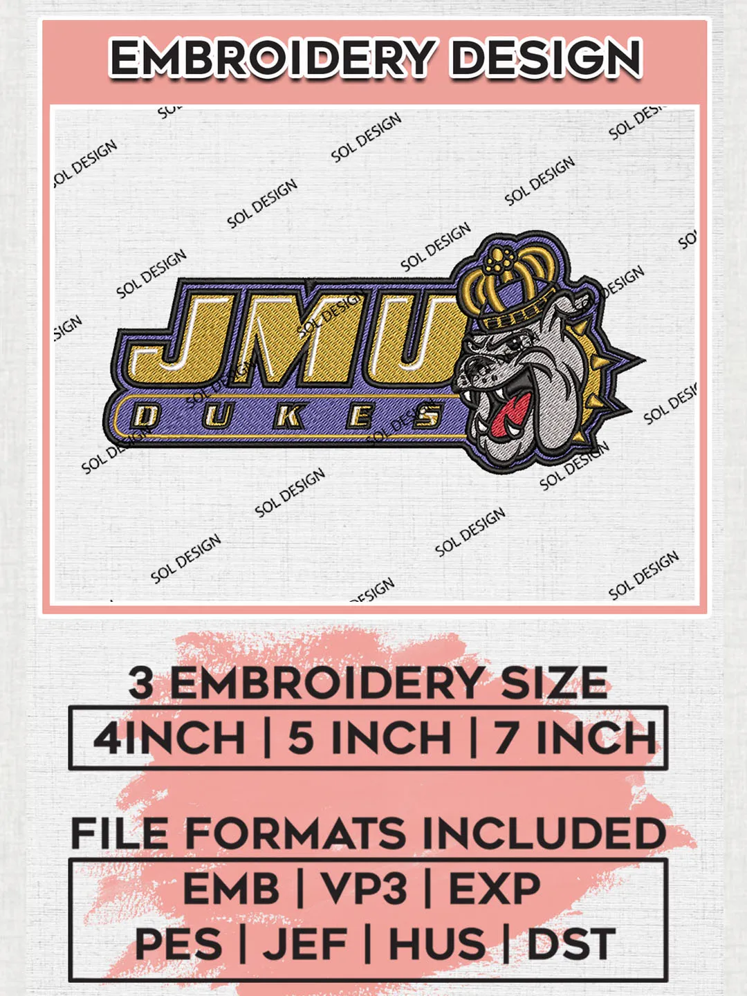 NCAA JMU Dukes Head Mascot Logo embroidery designs, NCAA James Madison ...