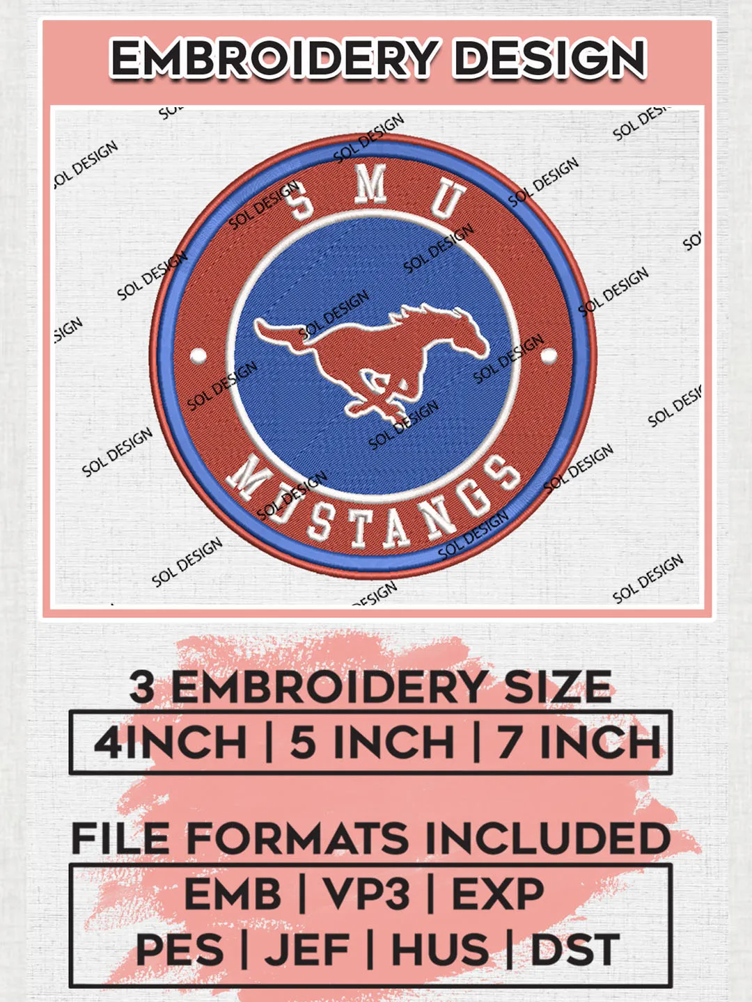 NCAA SMU Mustangs Round Logo Embroidery, NCAA SMU Mustangs Logo ...