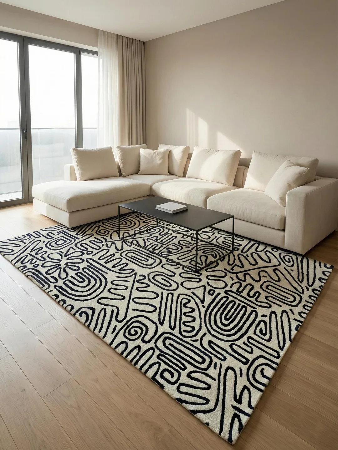 Hand Tufted Wool Rug – Modern Abstract Doodle Black Cream Carpet