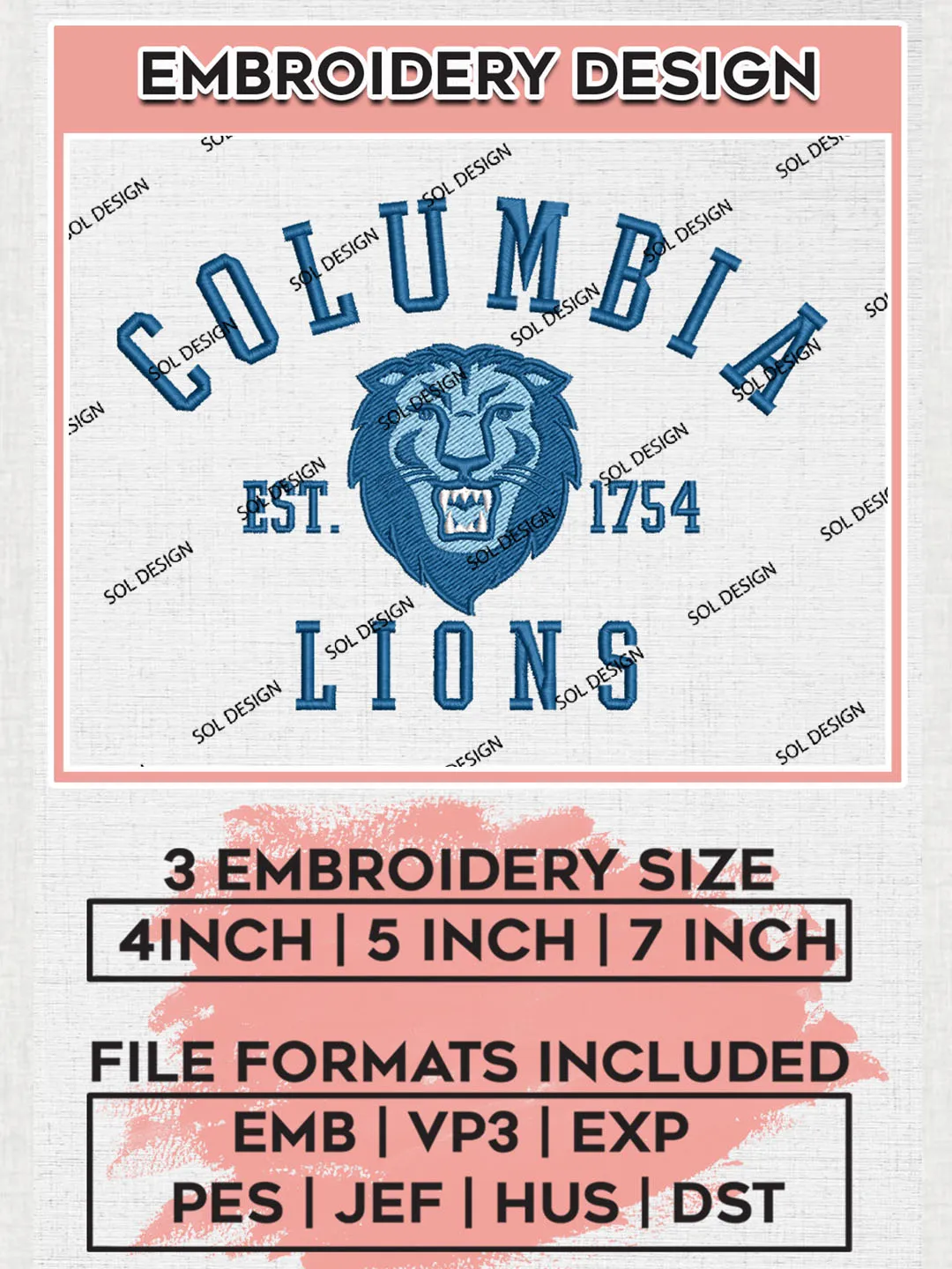 Columbia Lions Est 1754 Embroidery Designs, NCAA Columbia Lions Team ...