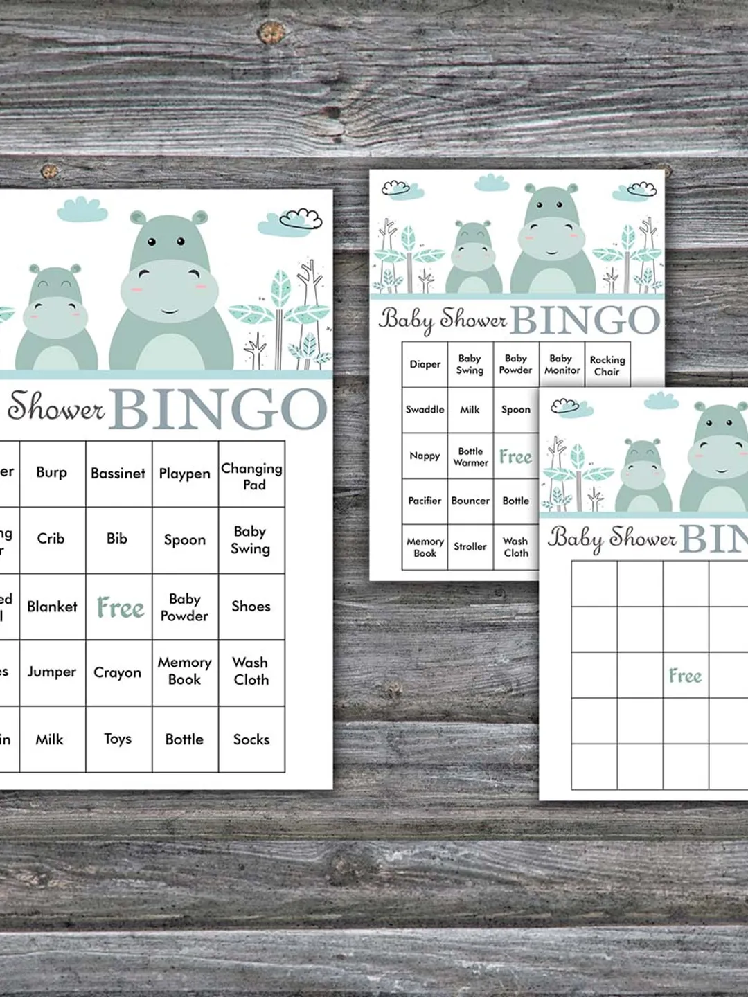 Blue Hippo Baby Shower Bingo Cards,Hippo Baby Shower Bingo Games ...