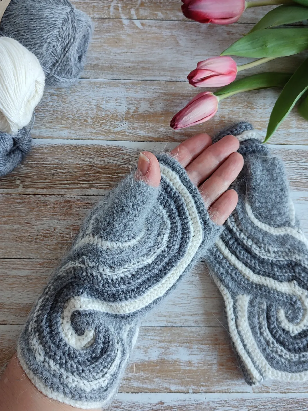 Women's crocheted mittens. For a cool autumn and spring. Wool, cashmere ...