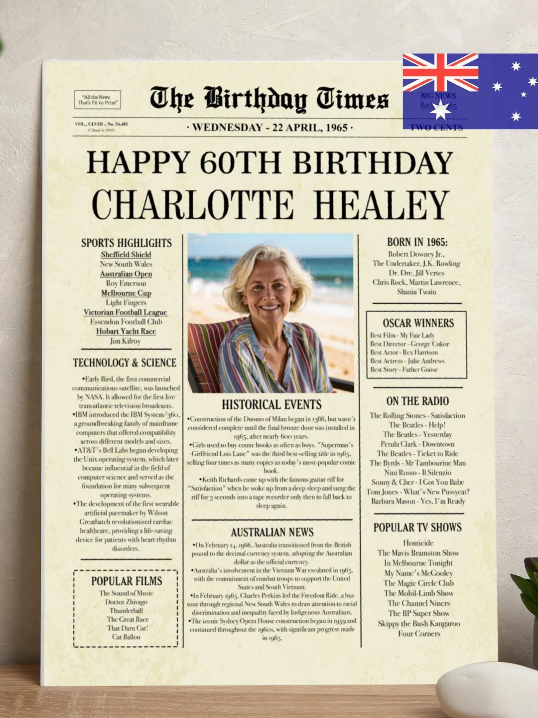 Australian 60th Birthday Newspaper poster gift, 1965 Personalized ...