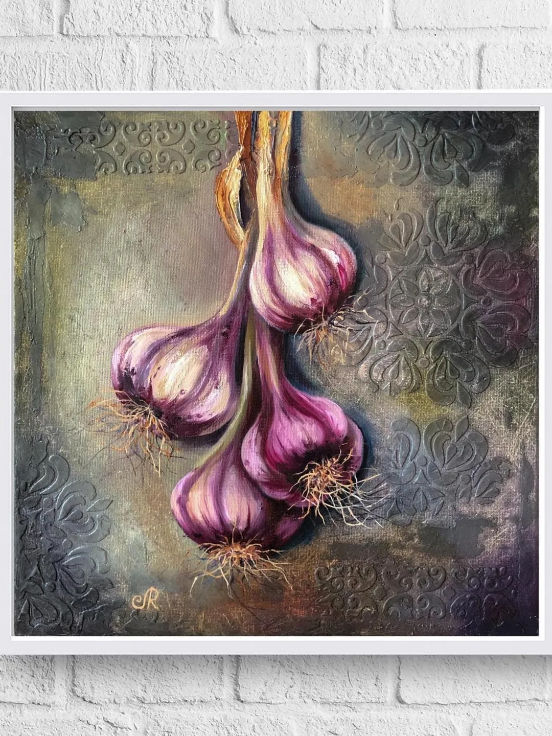 Garlic painting, Original food still life painting, vegetable oil ...