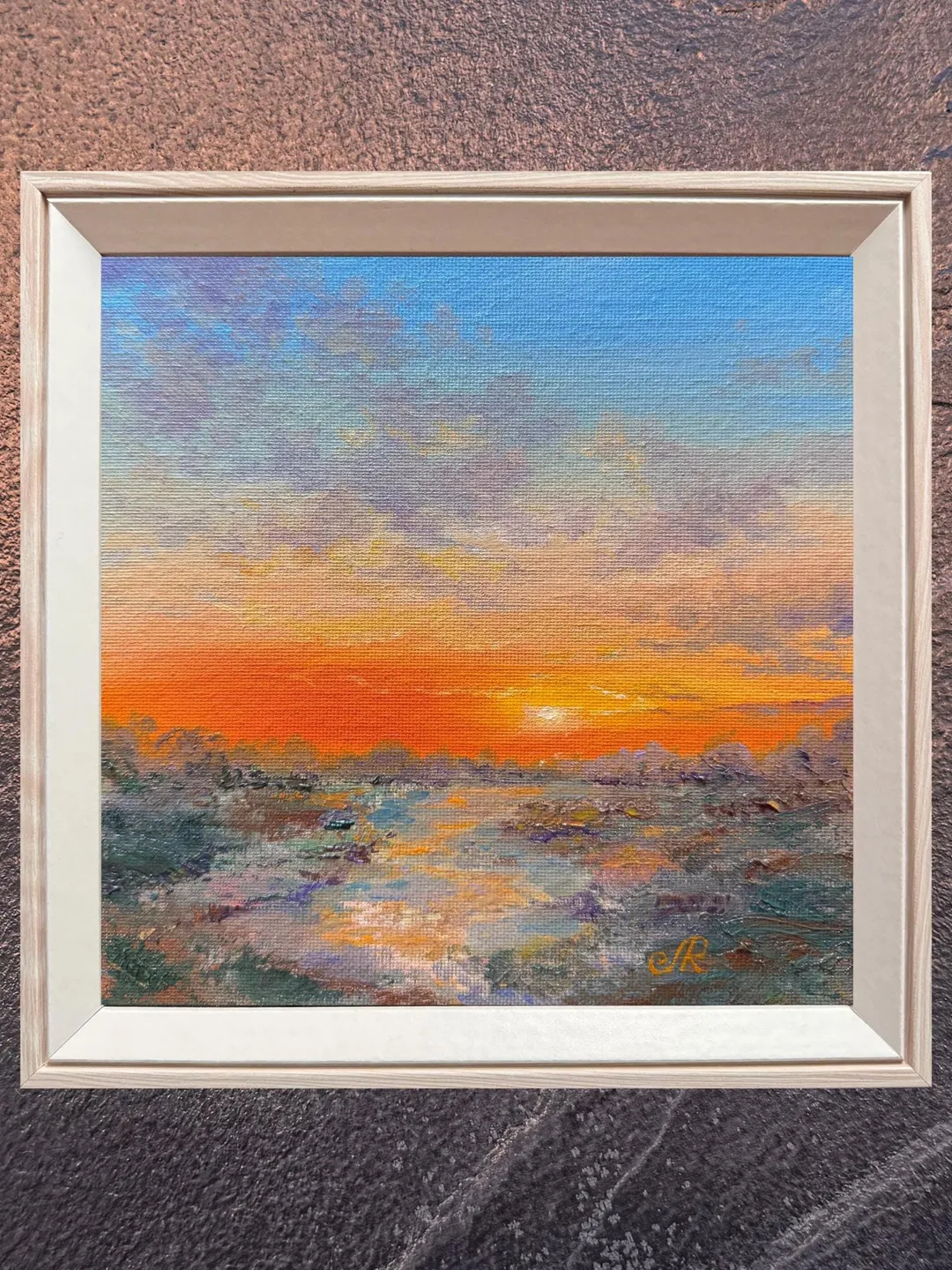 Oil painting Landscape Sunset on a chamomile field