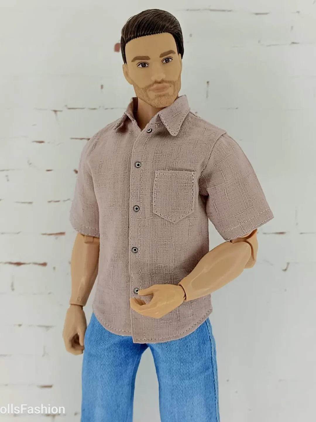 Summer shirt made of beige faux linen fabric for Ken with an athletic body