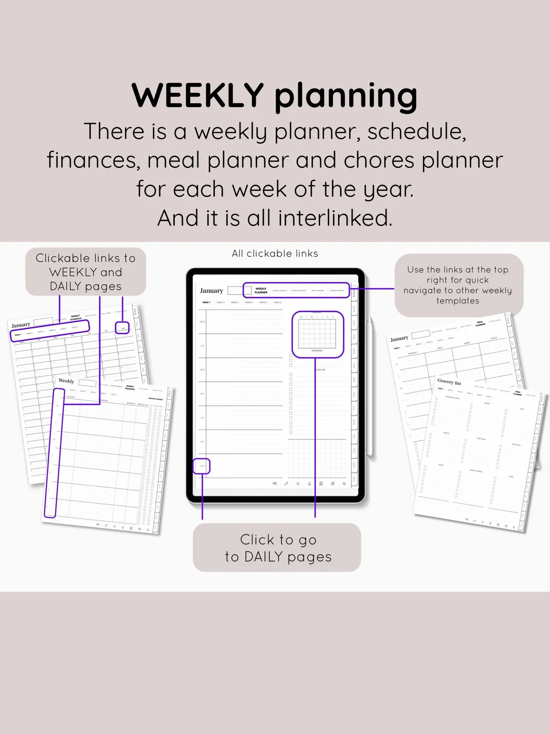 Undated digital planner. GoodNotes PDF planner. Hyperlinked Android Planner