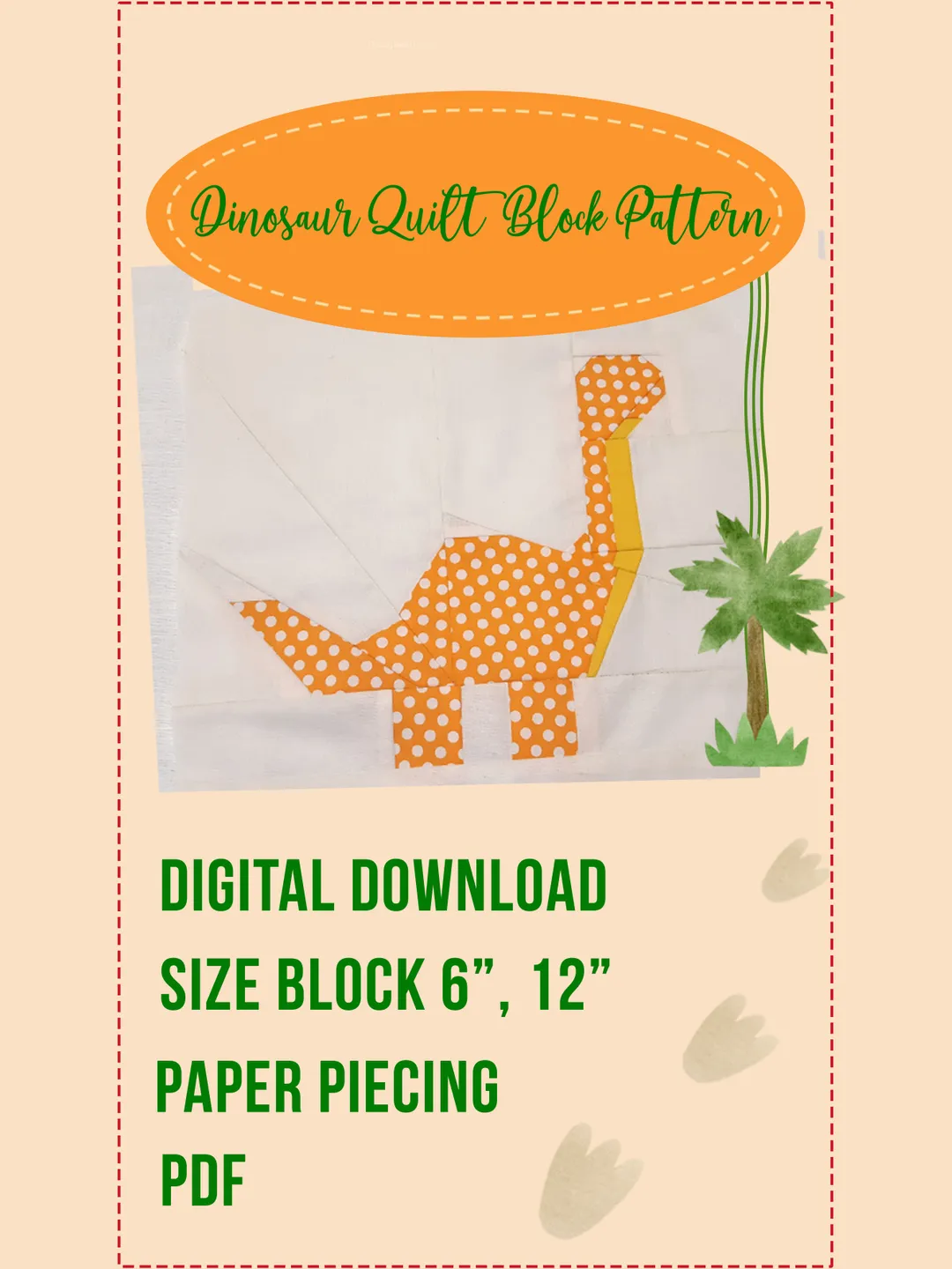 Dinosaur Quilt Block Pattern Foundation Paper Piecing PDF Little Foot ...