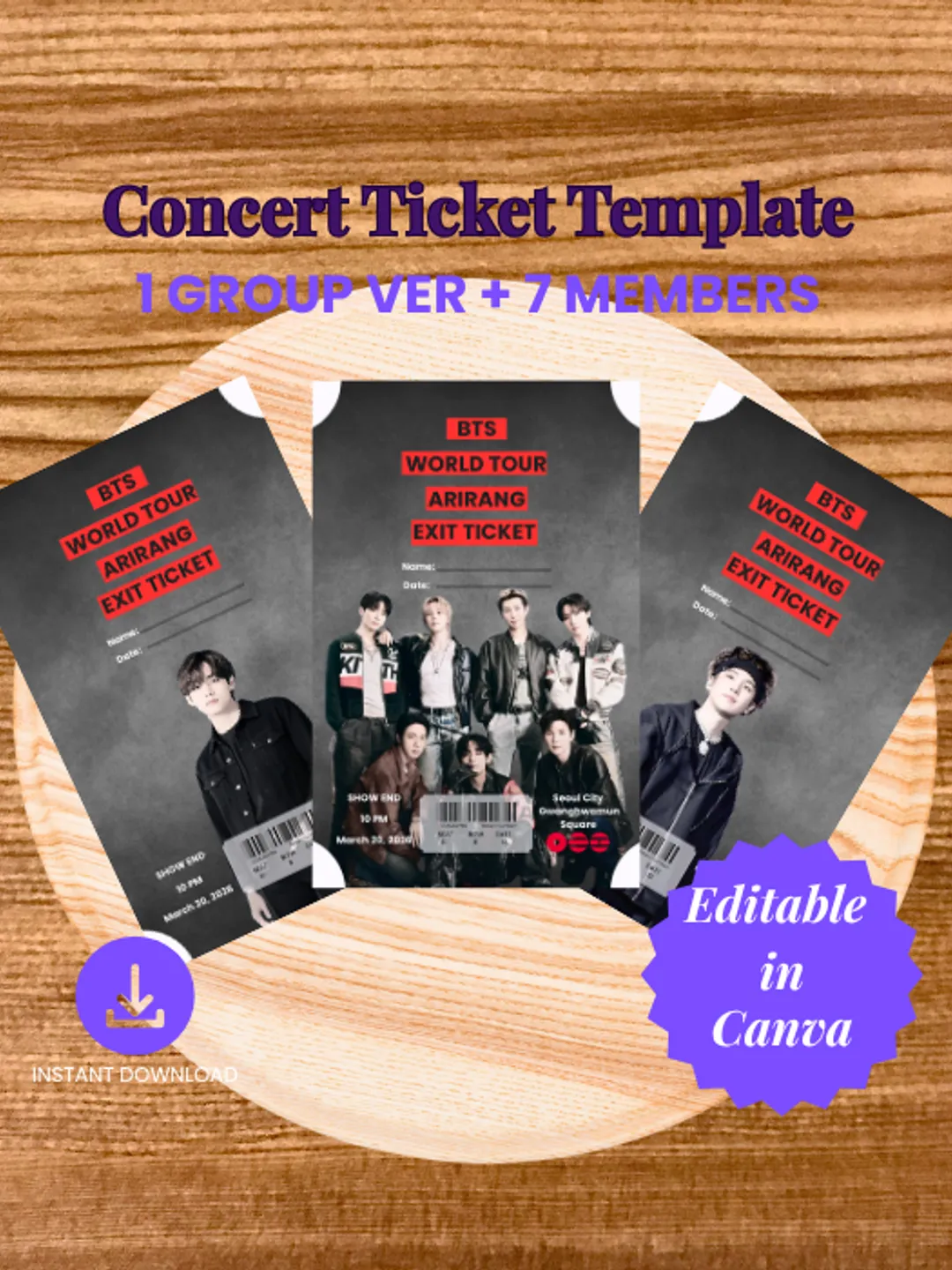 BTS Ticket Template 8-Piece Set, Editable Canva K-Pop Pass, Arirang ...
