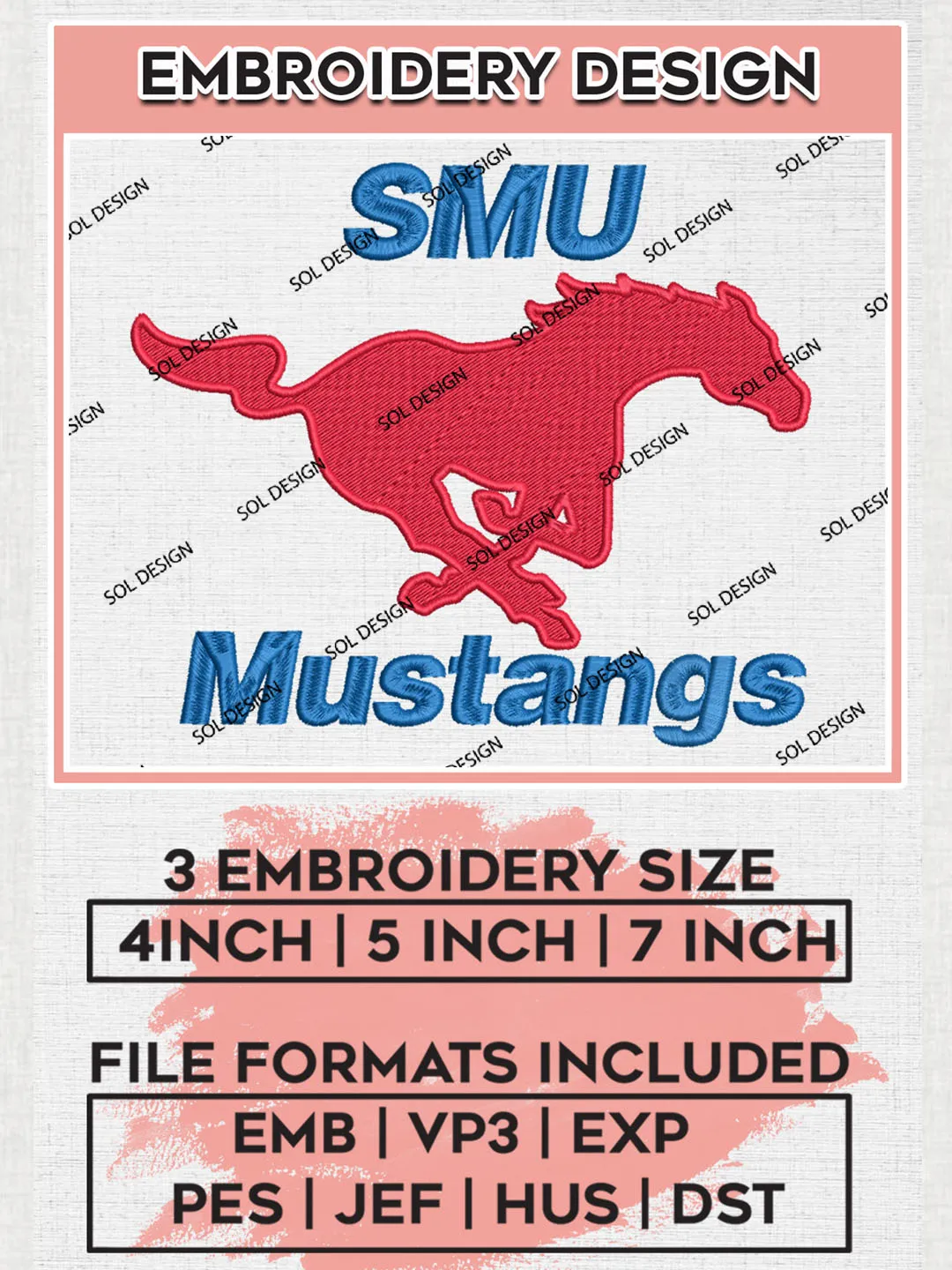 SMU Mustangs Logos Embroidery Design Files, NCAA Logos Embroidery ...
