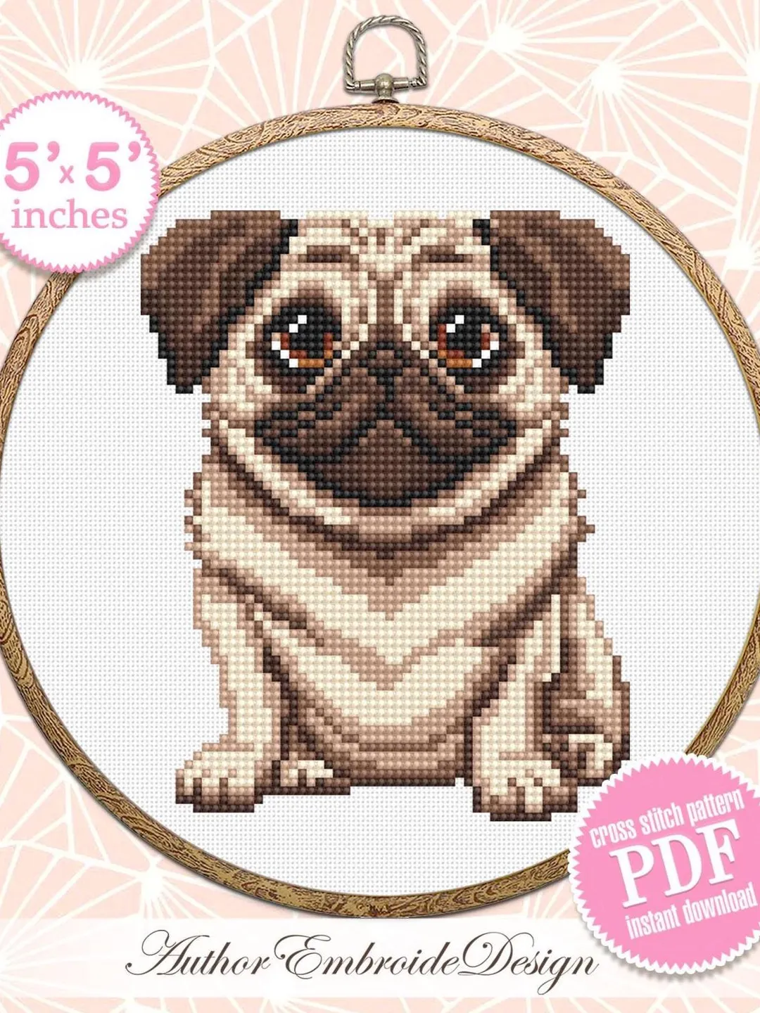 Pug dog cross stitch pattern PDF download Small pet cross stitch chart ...