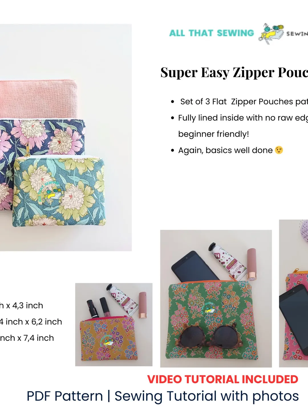 Zipper Pouch Set Pattern, Easy Zipper Pouch for Beginner Sewing Pattern ...