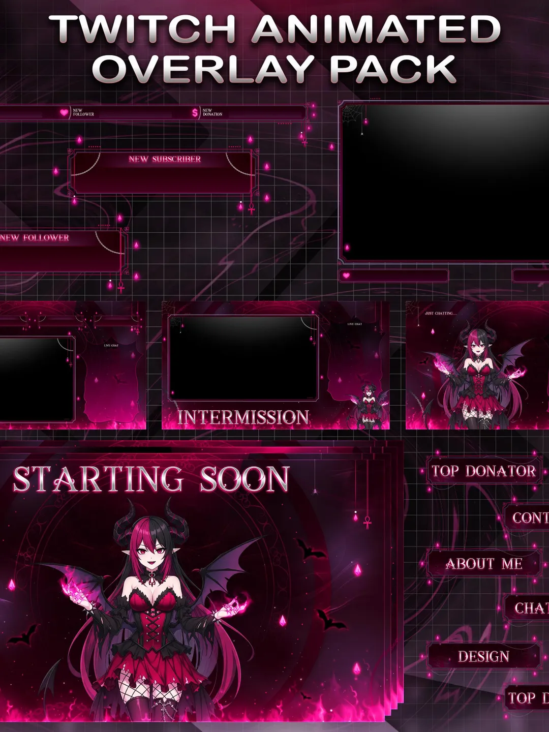 Animated Gothic VTuber Twitch Overlay Pack | Demon Girl Anime Stream ...