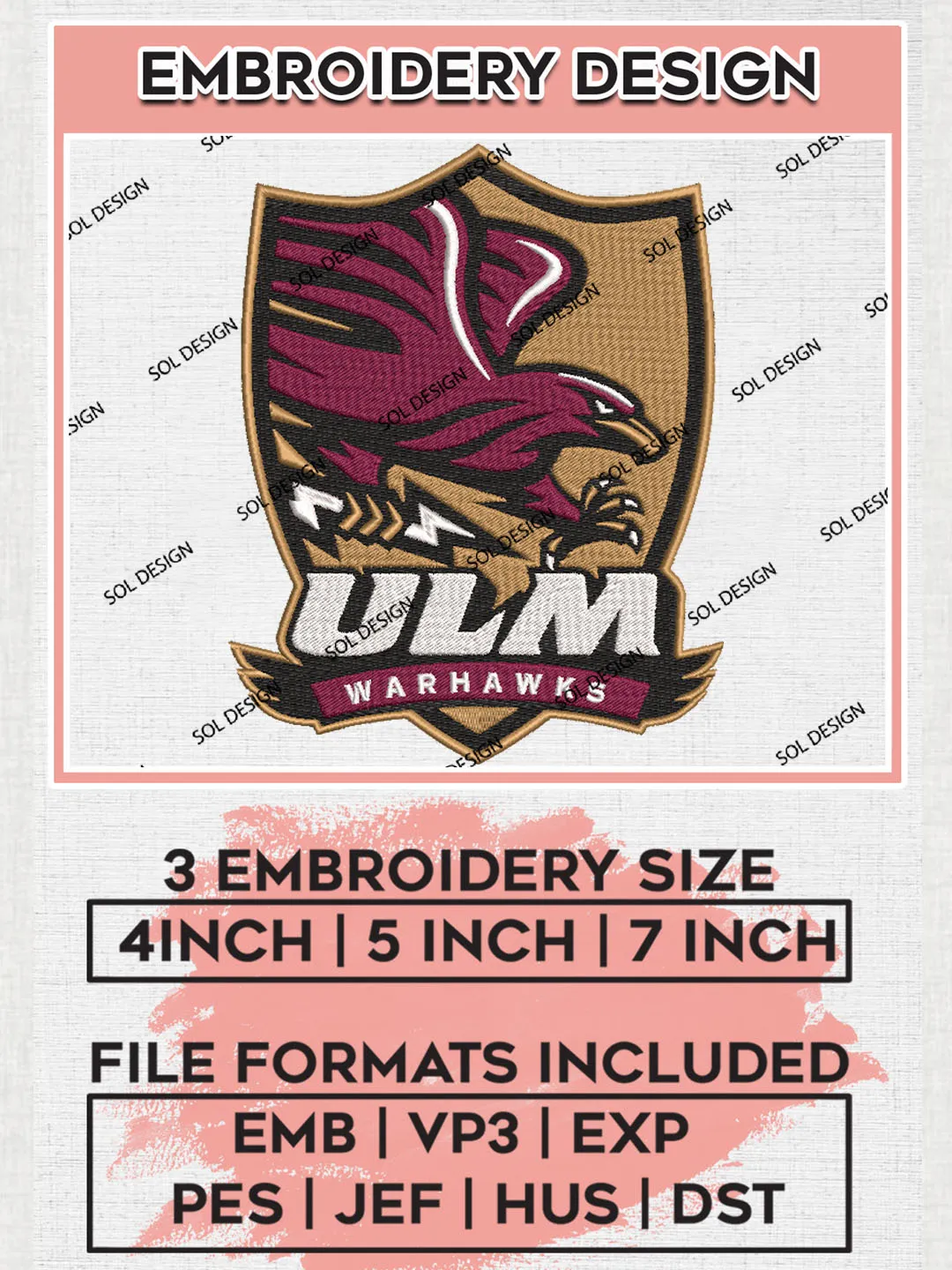 NCAA UL Monroe Warhawks College Football Team Logo Embroidery Design ...