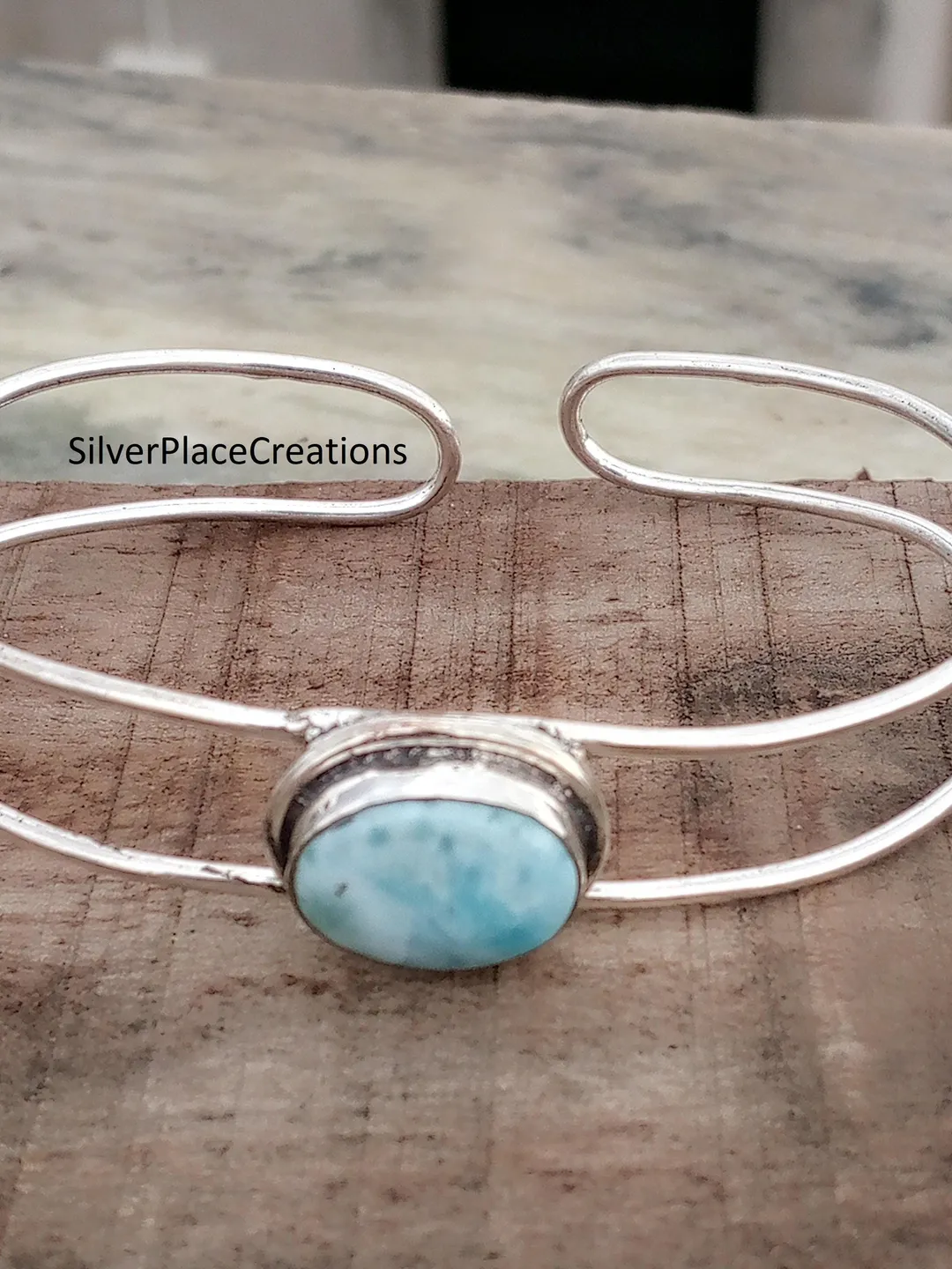 Handmade Larimar Bangle, Sterling Silver Ocean Blue Gemstone Bracelet