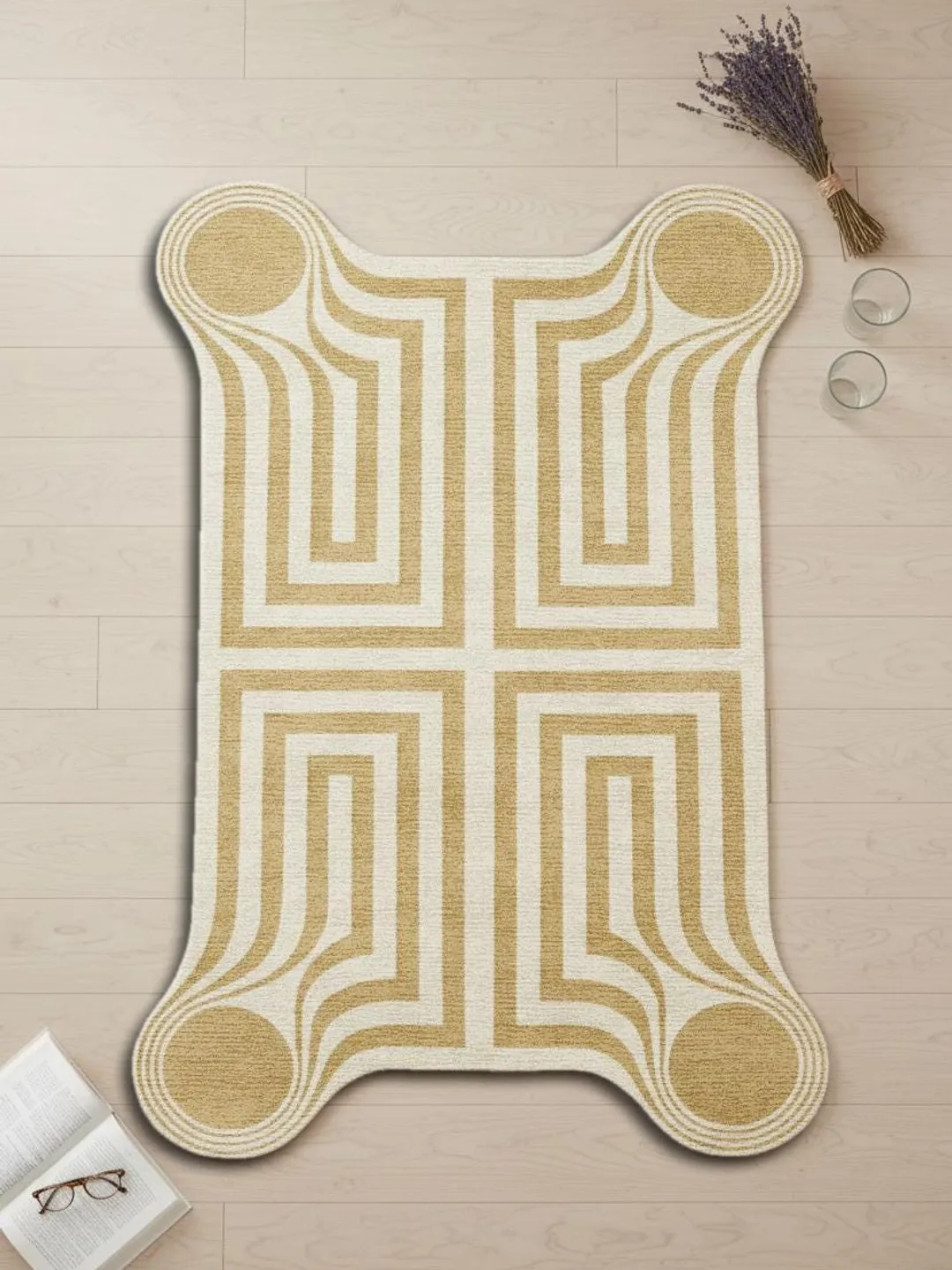 Geometric Bone Shaped Wool Rug, Beige Abstract Maze Pattern