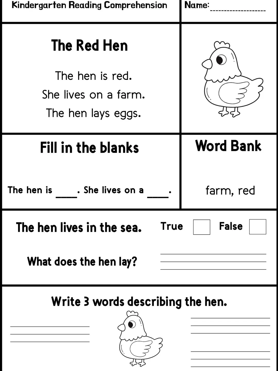 Kindergarten Reading Comprehension Worksheets | Red Hen