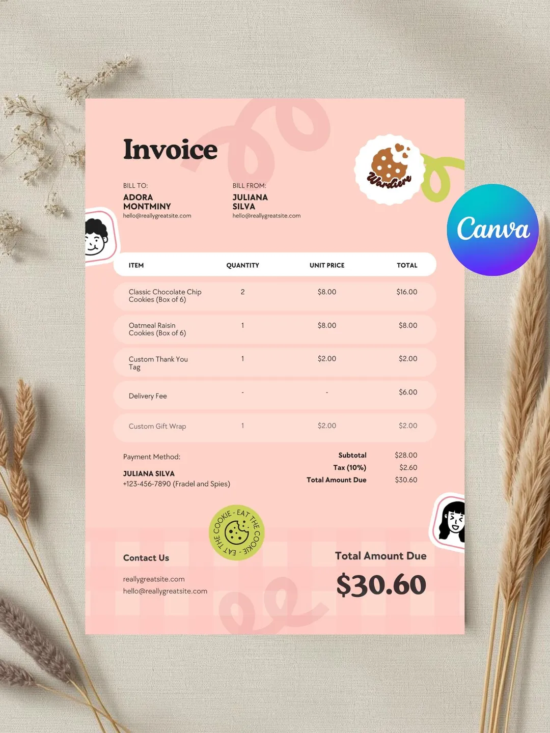 Pink Invoice Template | Personalized Business Invoice | Custom Sales ...
