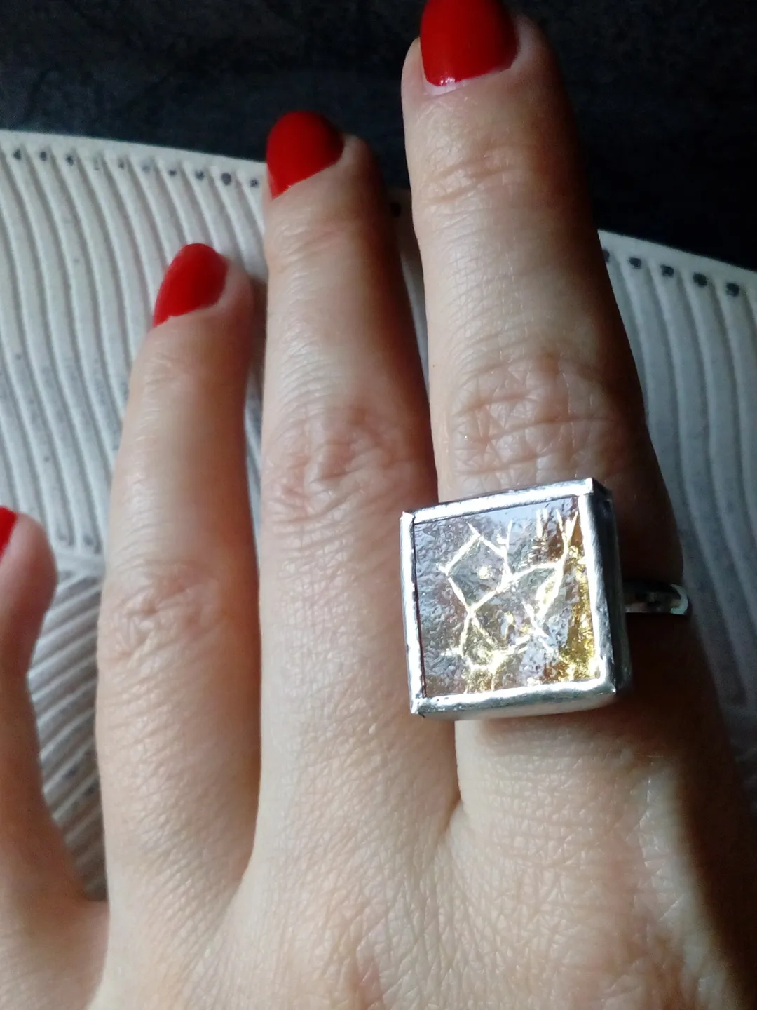 Square simple stained glass tin soldered ring, stainglass sparkling ...