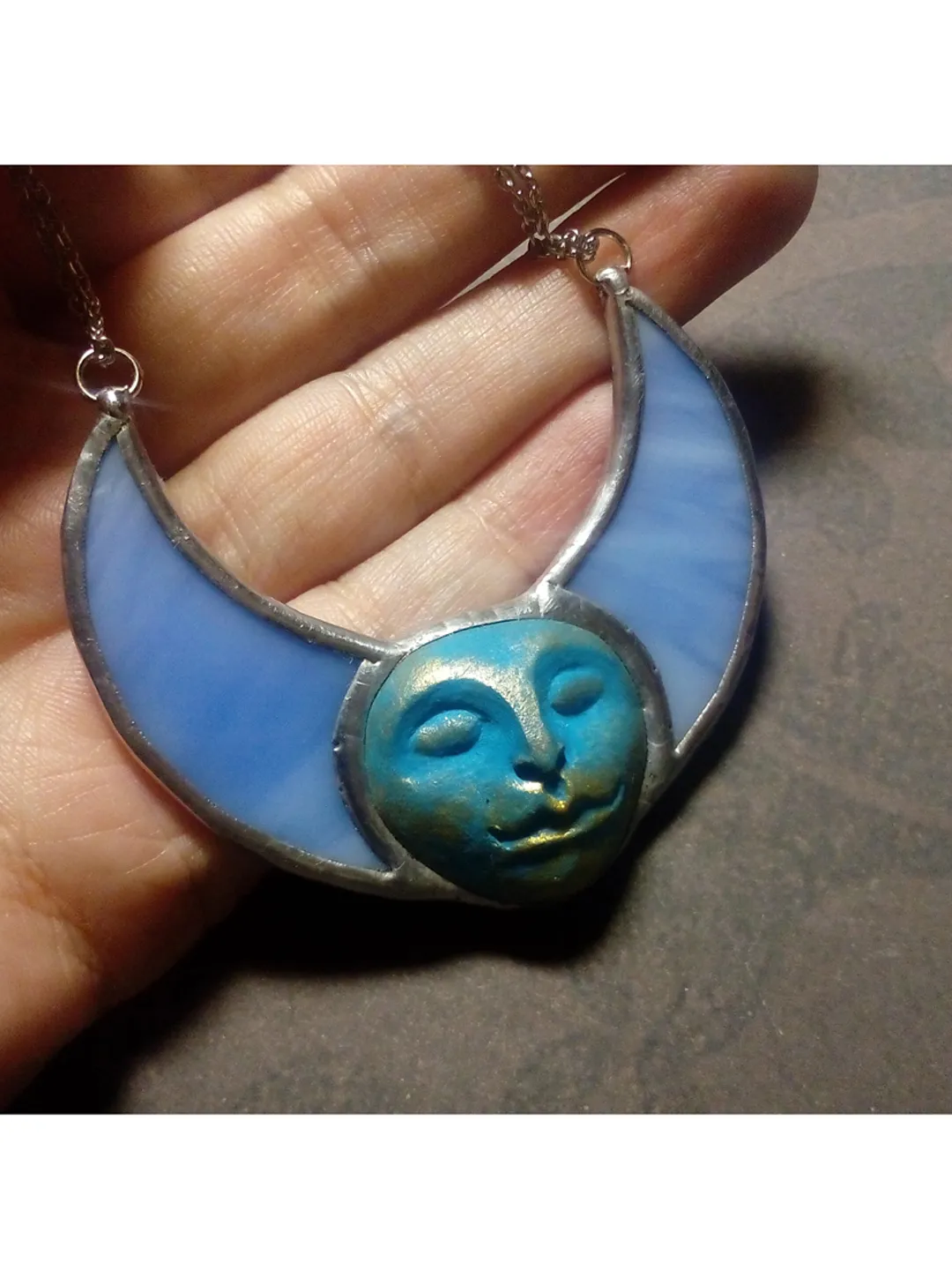 Stained glass blue moon, Moon Goddess, Moon phase necklace, Stainglass ...