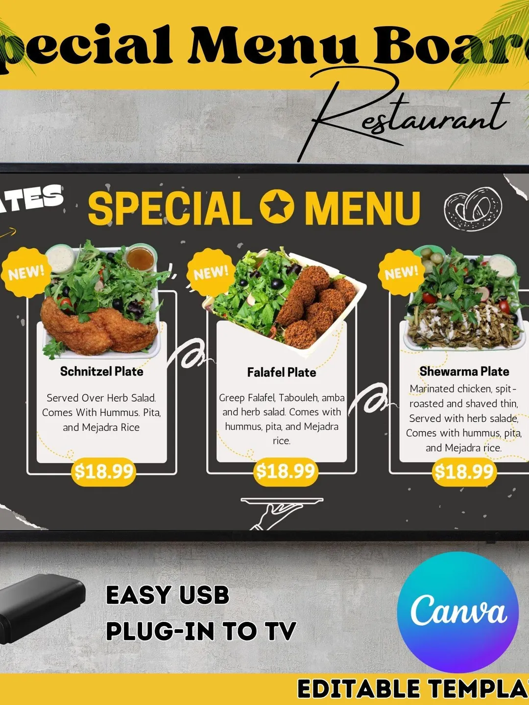 Restaurant TV Menu Board Template: Modern Design (Canva Editable)