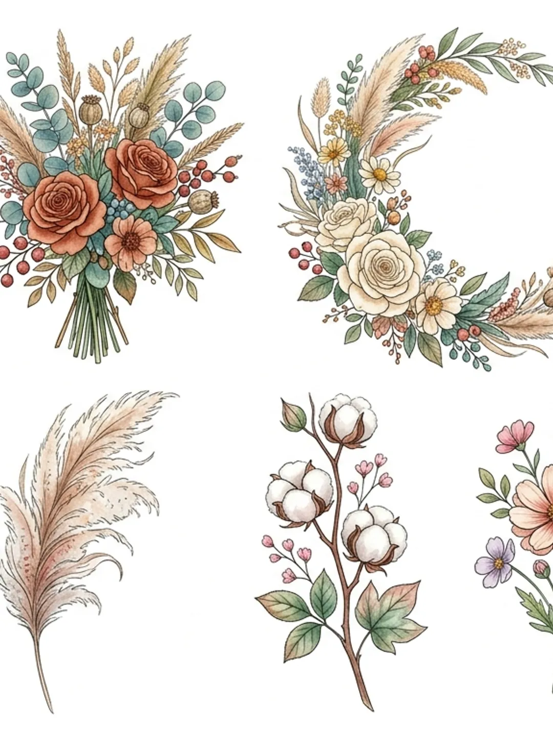 Boho Floral Clipart Bundle PNG – 8 Aesthetic Elements