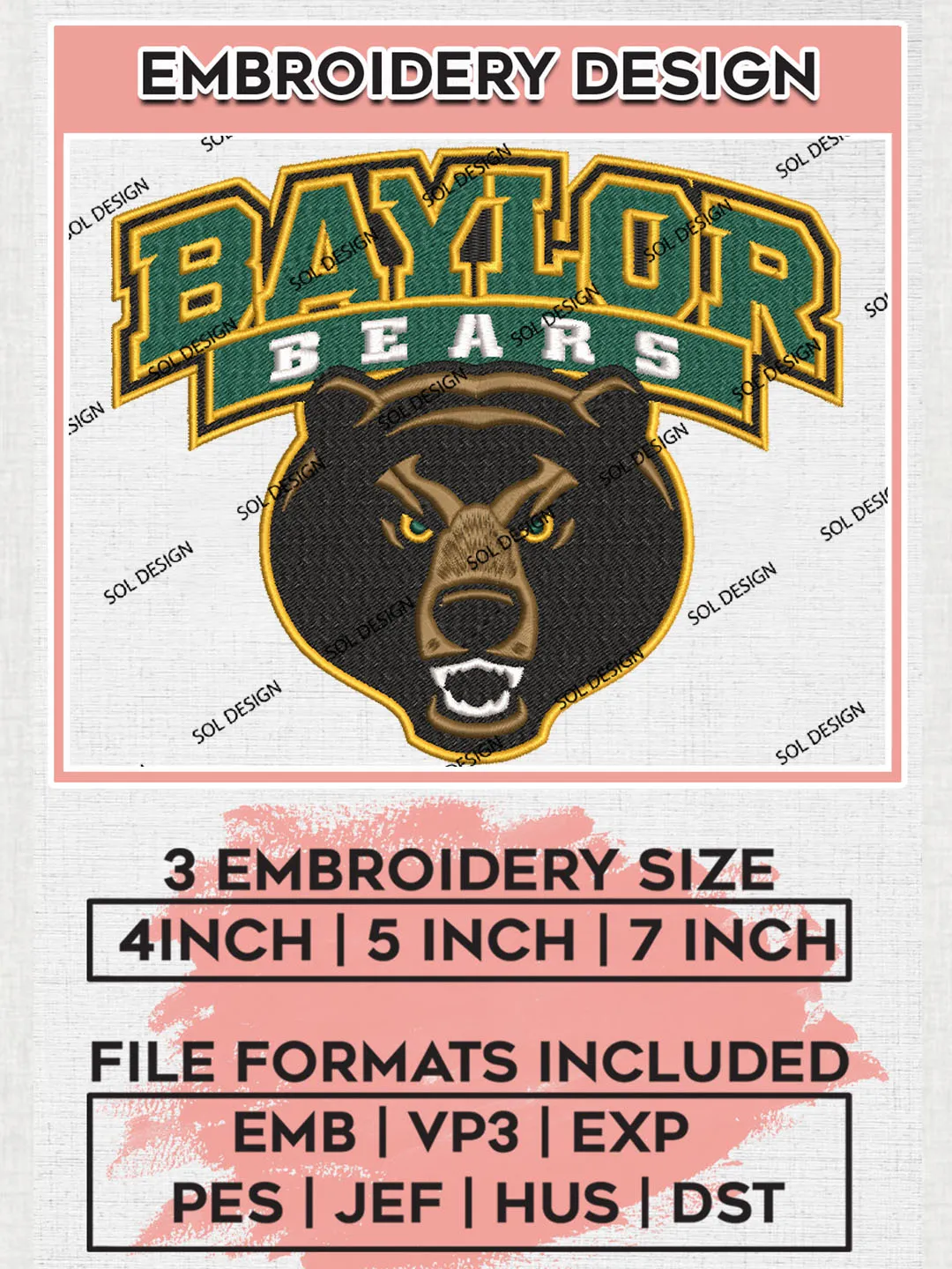 Baylor Bears Mascot Embroidery Design Files, NCAA Logos Embroidery ...