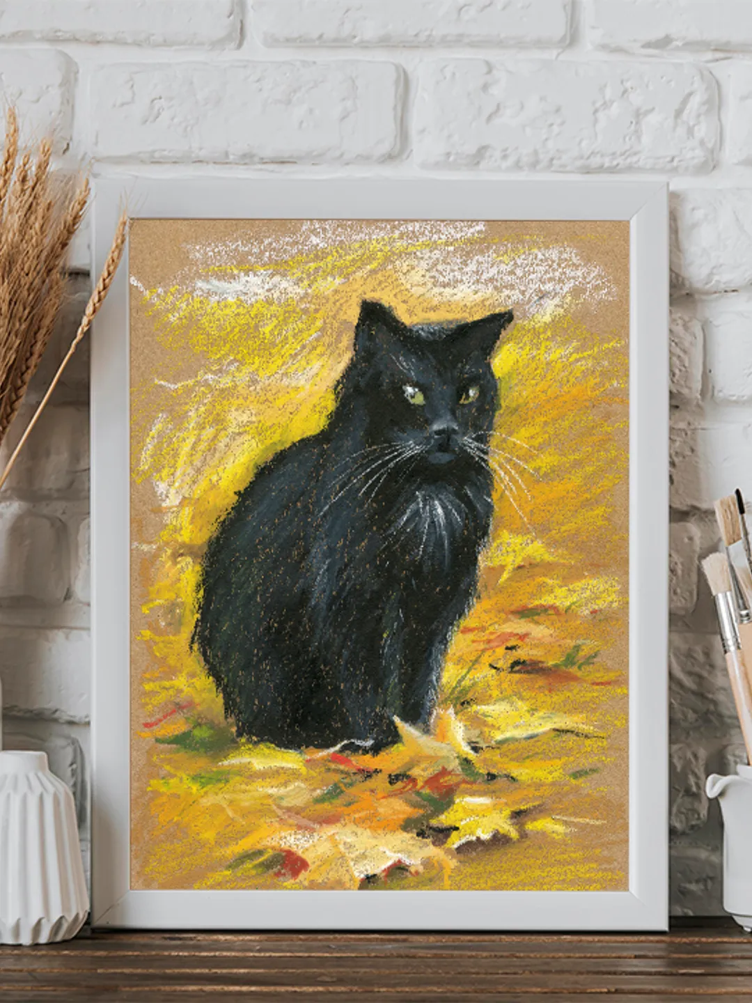 Print template, Black cat in autumn leaves, Portrait of a black cat ...