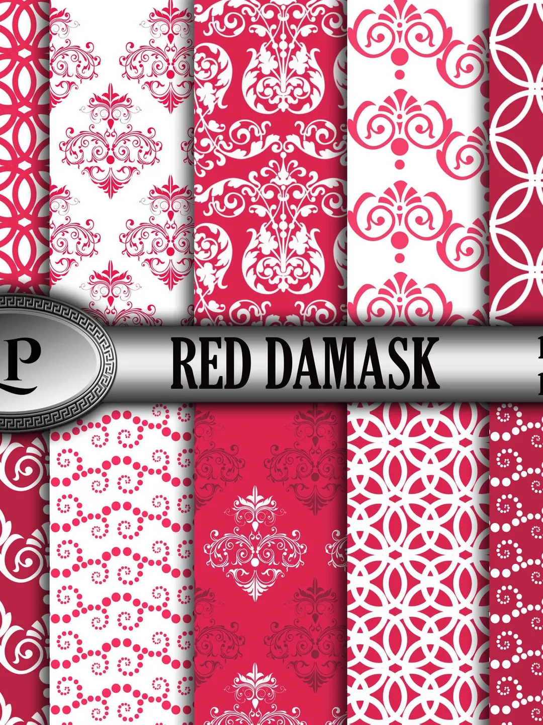 Preppy Valentine's background, Red digital paper with damask pattern 12 ...