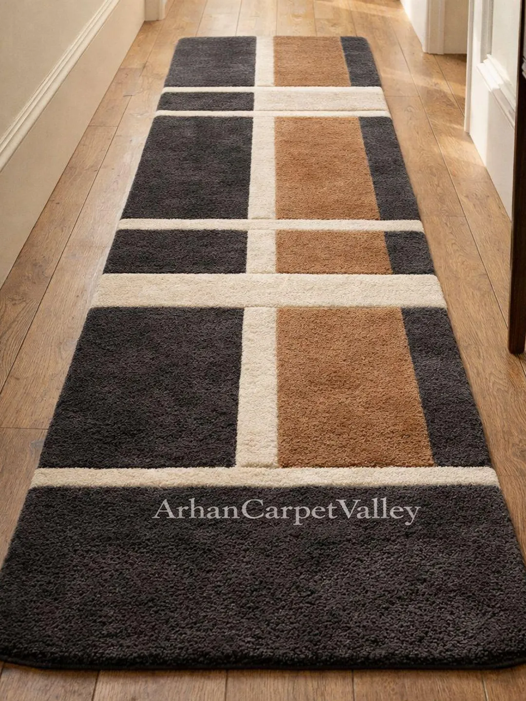 Handmade Tufted Runner Rug, Modern Geometric Hallway Rug, Neutral Black ...