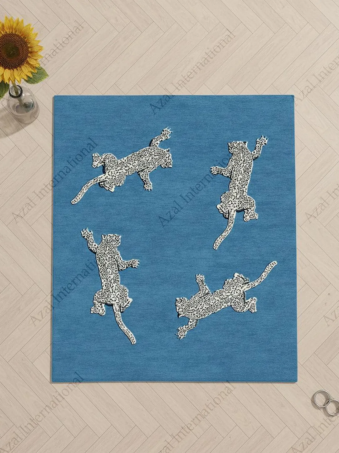 Snow Leopard Print Wool Rug, Blue Animal Pattern Hand-Tufted Carpet ...