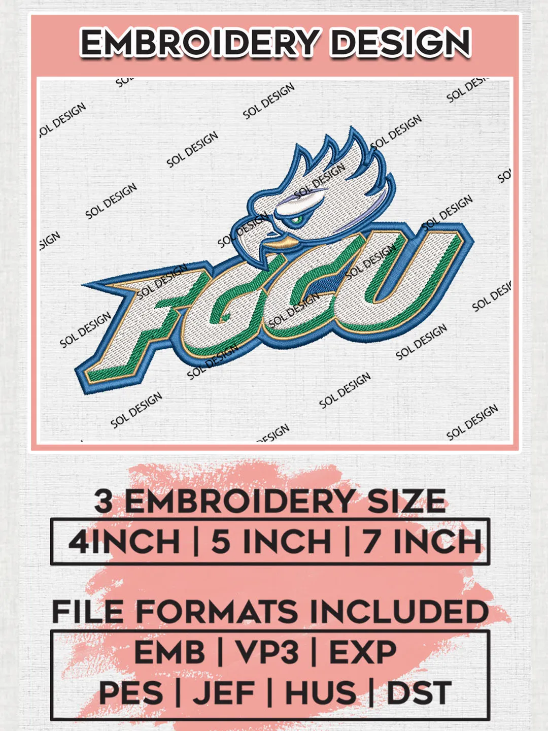 FGCU Eagles Logo Machine Embroidery Design, NCAA Florida Gulf Coast ...