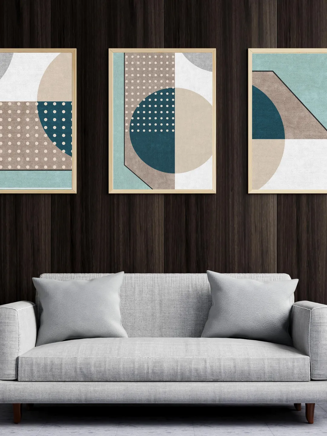 Modern abstract geometric 3- piece wall art set, Teal, Beige, light ...