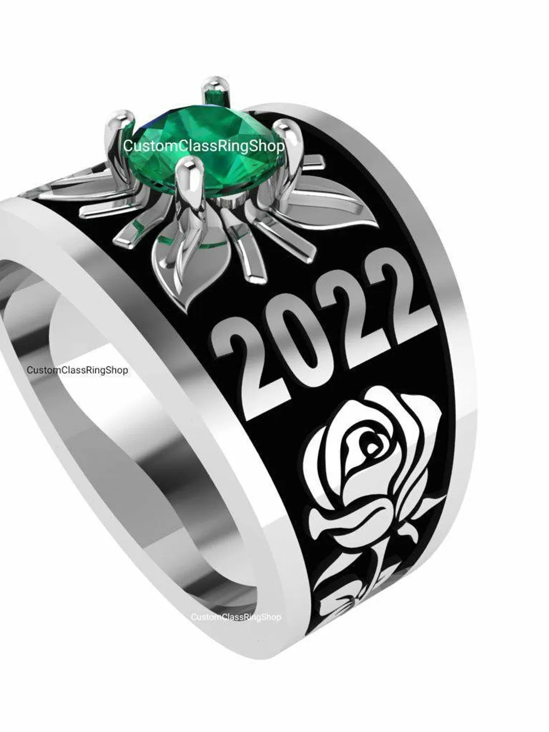 Custom Sterling Silver Class Ring: Engraved Name, Round Stone