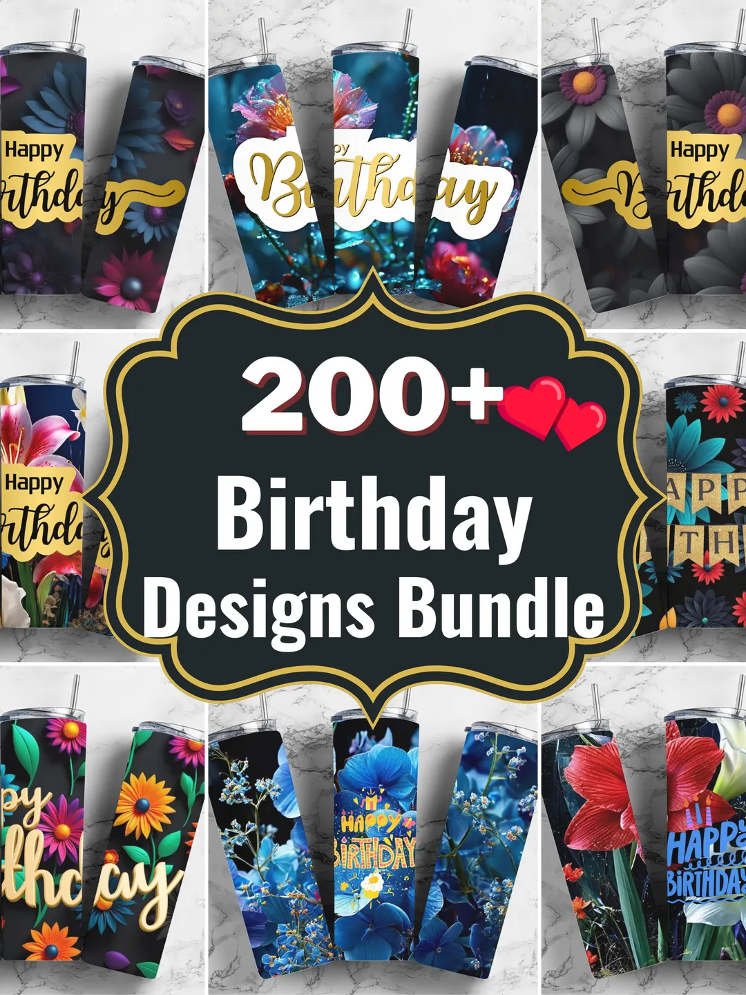 Birthday Tumbler Wrap Designs: Floral Gold PNG (Digital Download)