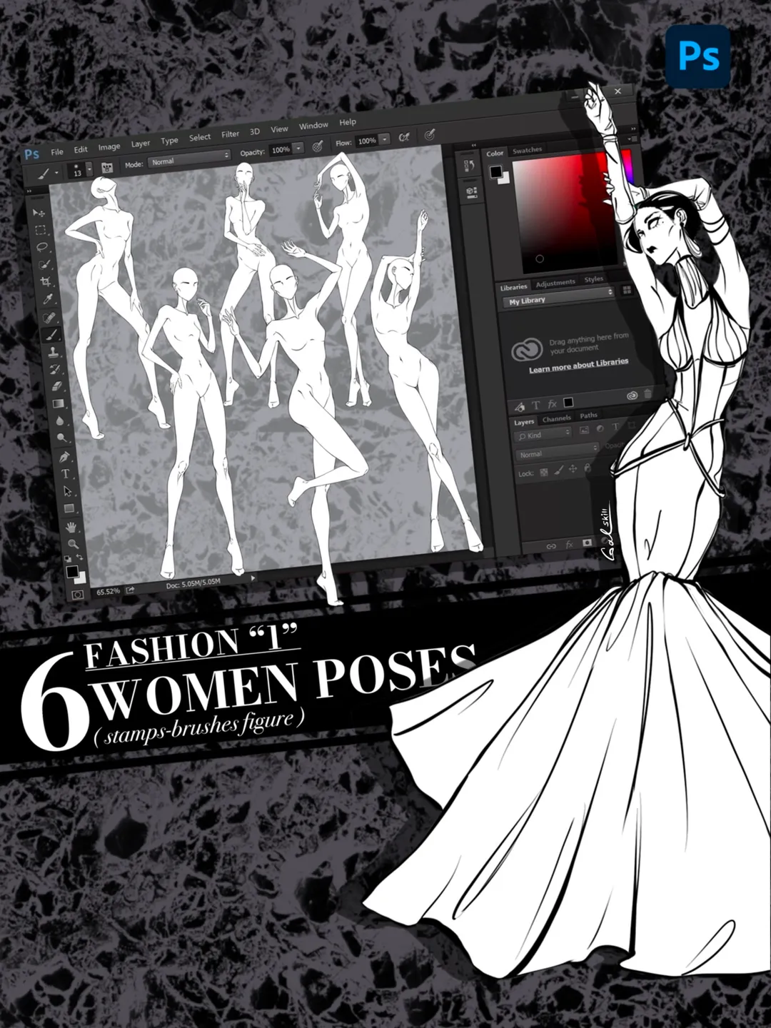 Photoshop brush, Body poses of female figure, set "Front View 2"