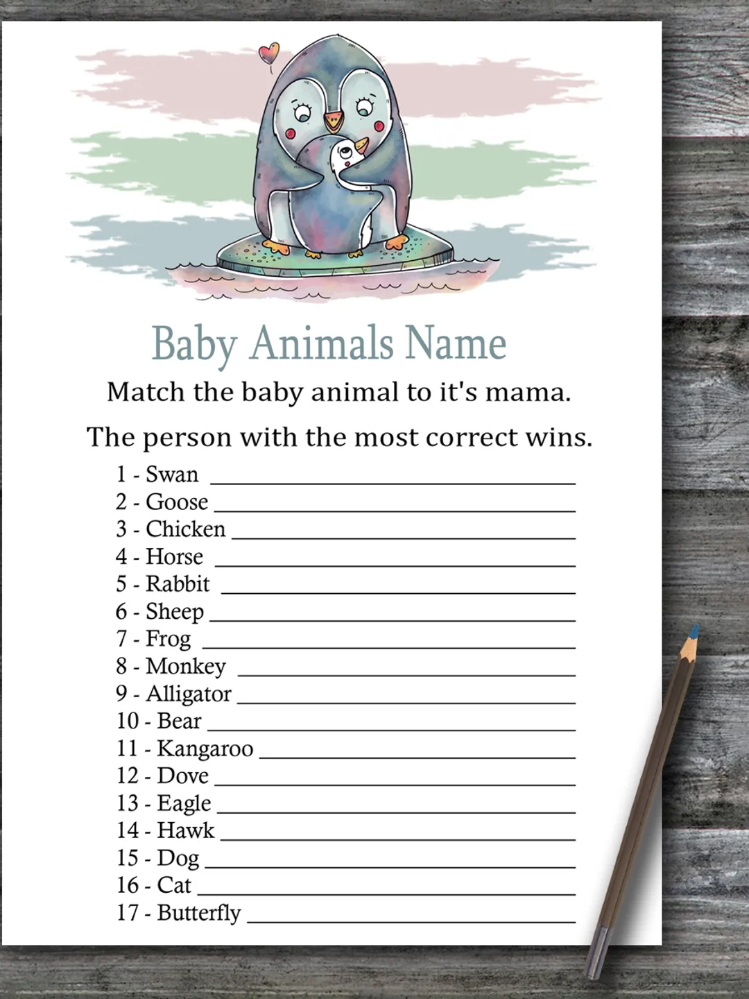 Penguin Baby animals name game card,Winter animals Baby shower games ...