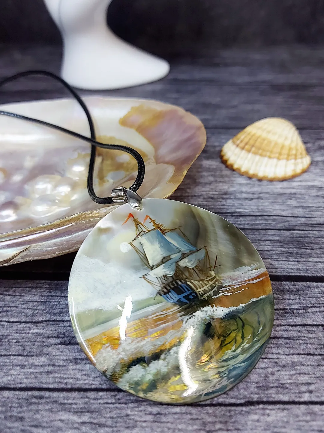 Pearl pendant necklace: Ship in sea storm painted on handmade shell art ...