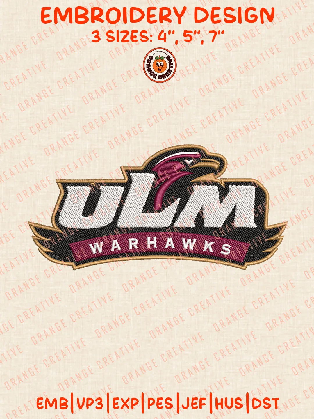 NCAA ULM Warhawks Logo Embroidery Files, UL Monroe Warhawks Team ...