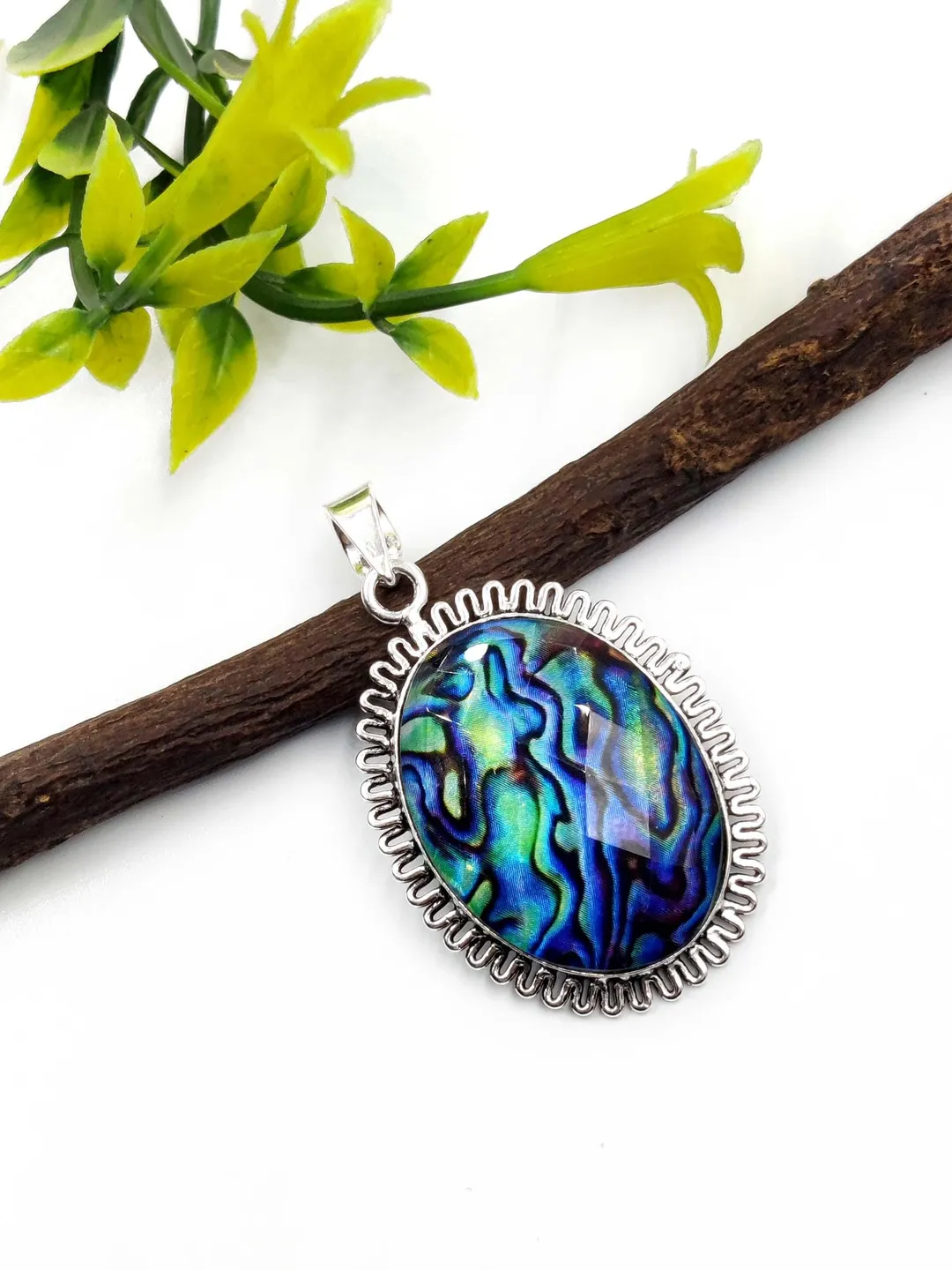 Handmade Abalone Shell Cabochon Pendant 925 Sterling Silver Necklace ...